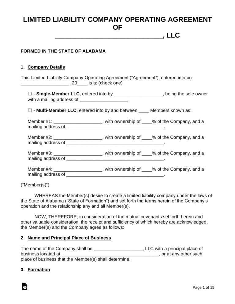 Alabama LLC Operating Agreement Template