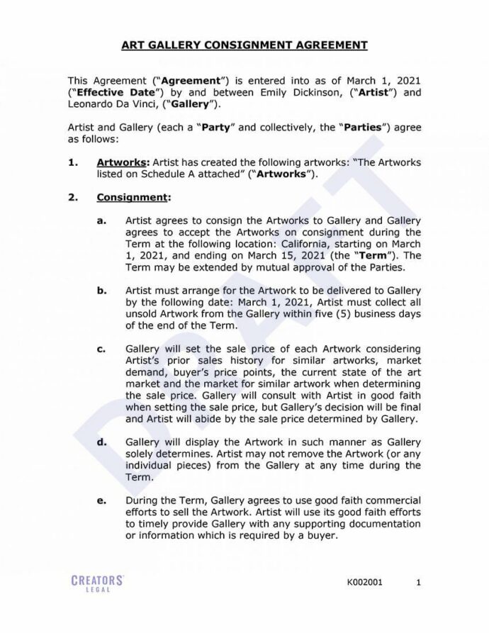 Art Gallery Consignment Agreement Template