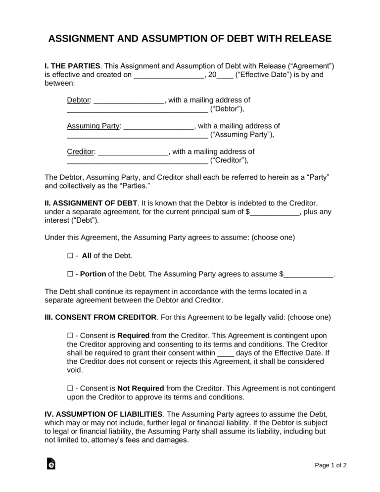 Assignment of Debt Agreement Template