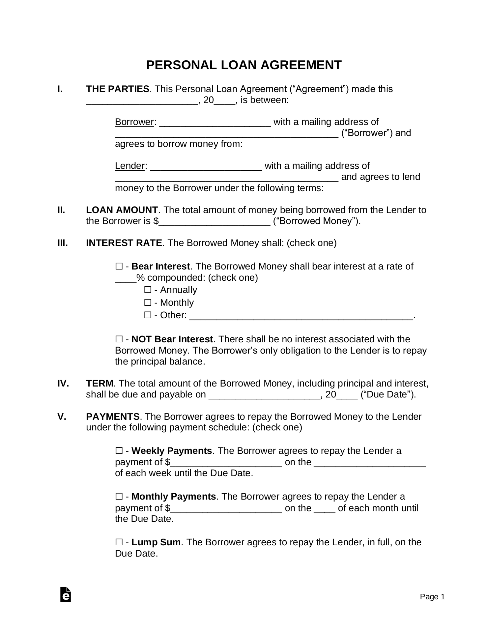 Basic Personal Loan Agreement Template