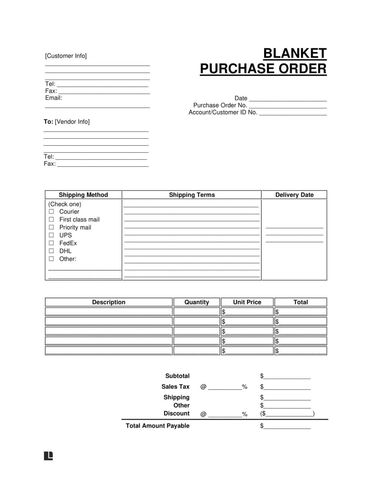 Blanket Purchase Order Agreement Template