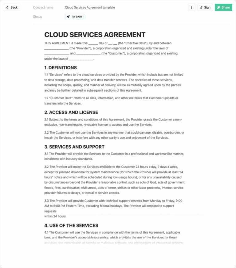 Cloud Service Level Agreement Template