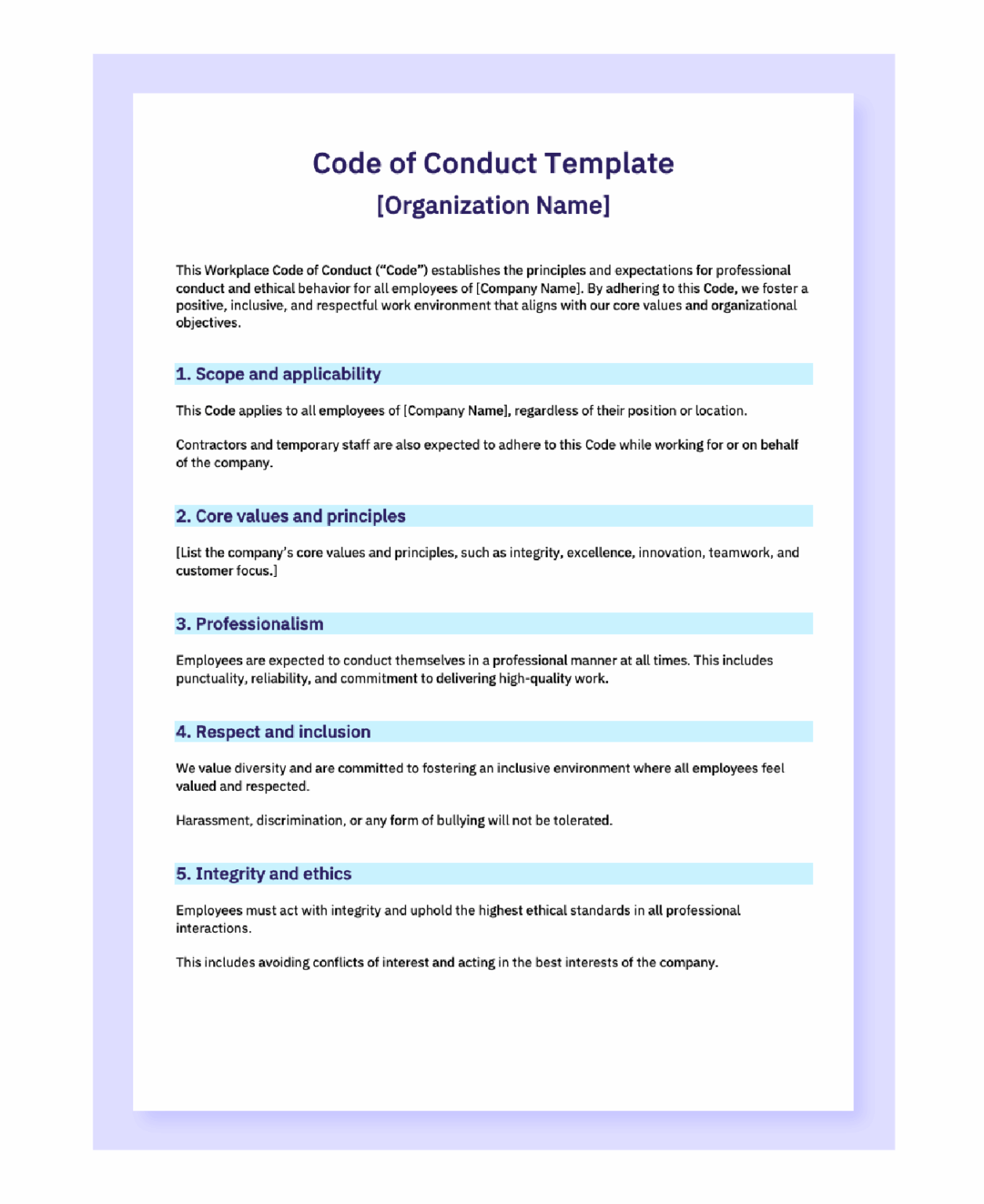 Code Of Conduct Agreement Template
