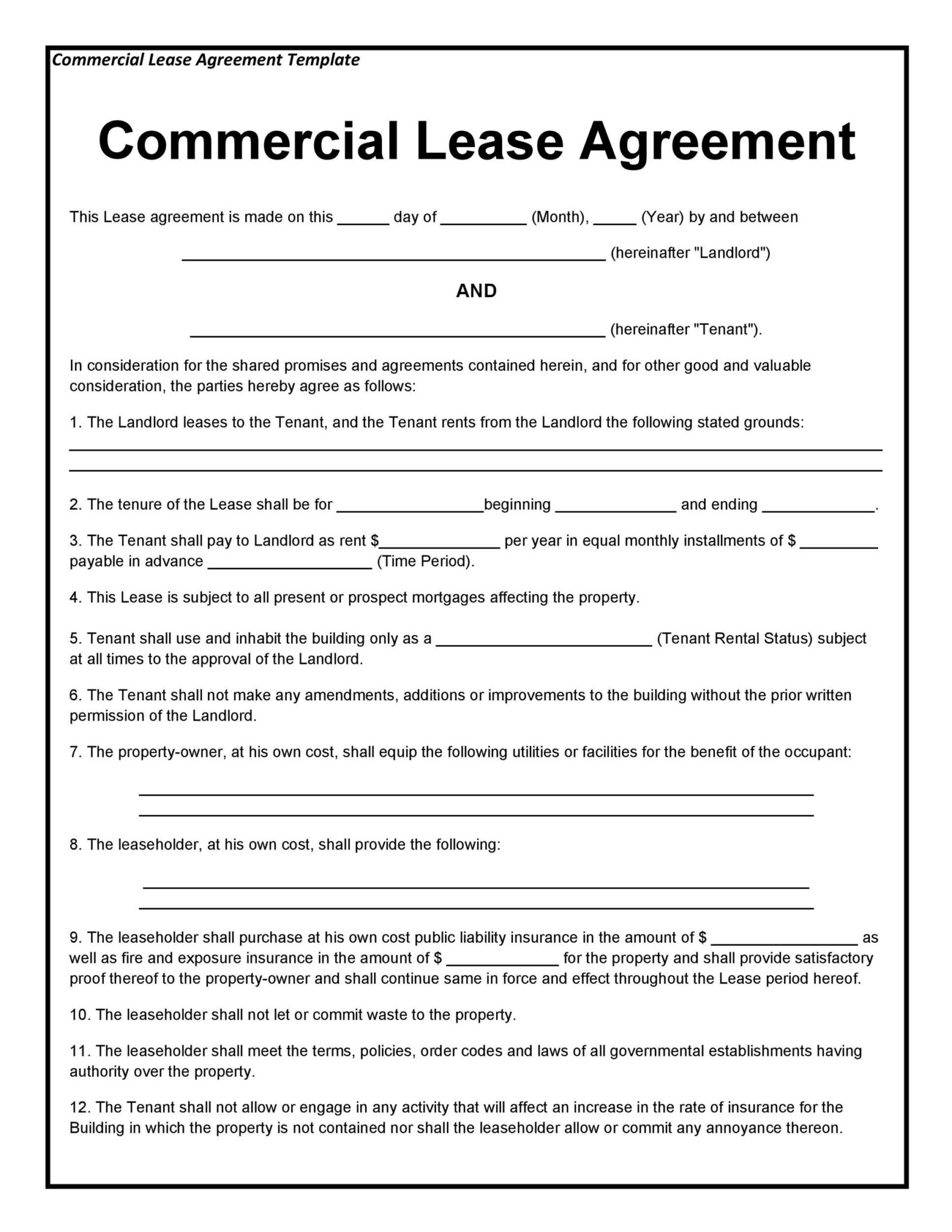 Commercial Space Rental Agreement Template