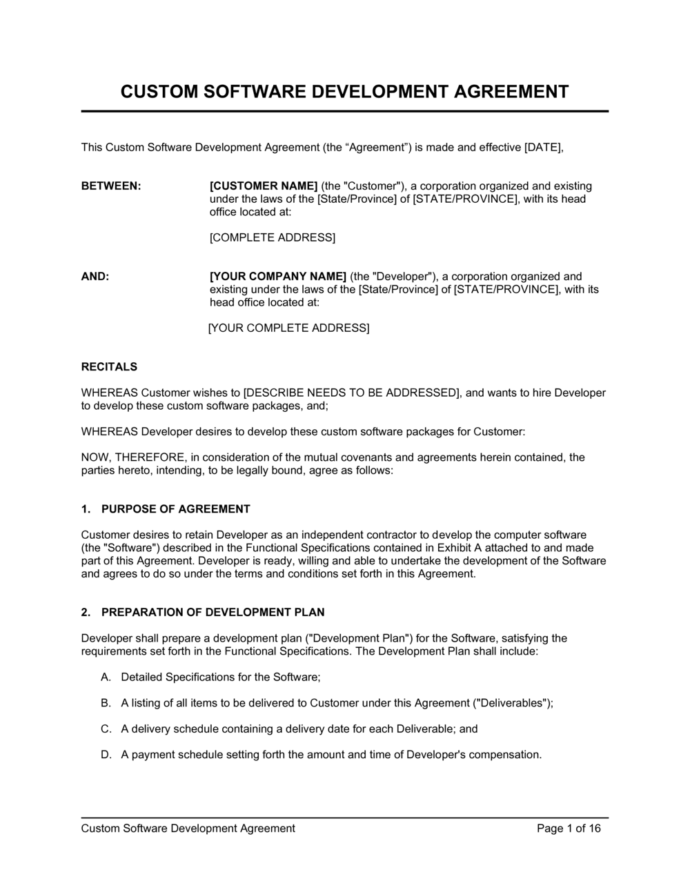 Custom Software Development Agreement Template