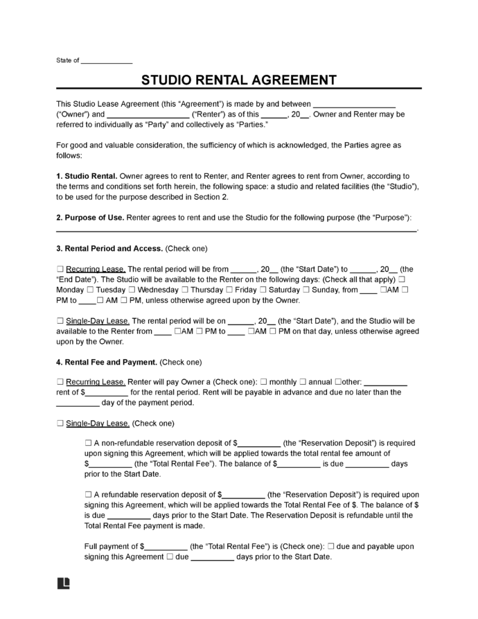 Dance Studio Rental Agreement Template