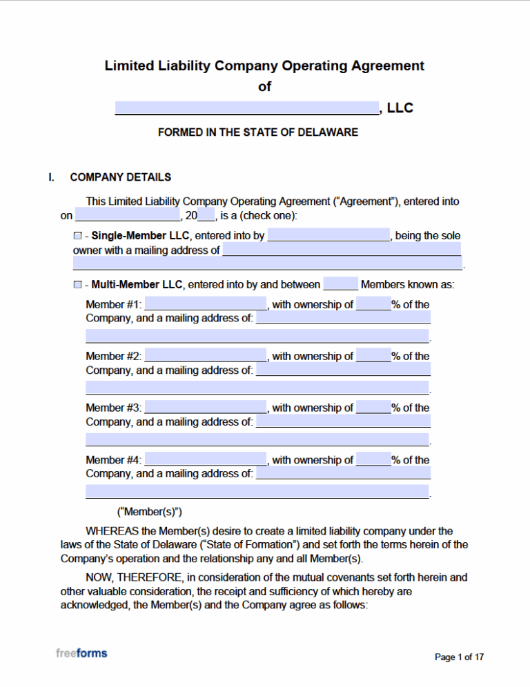 Delaware LLC Operating Agreement Template