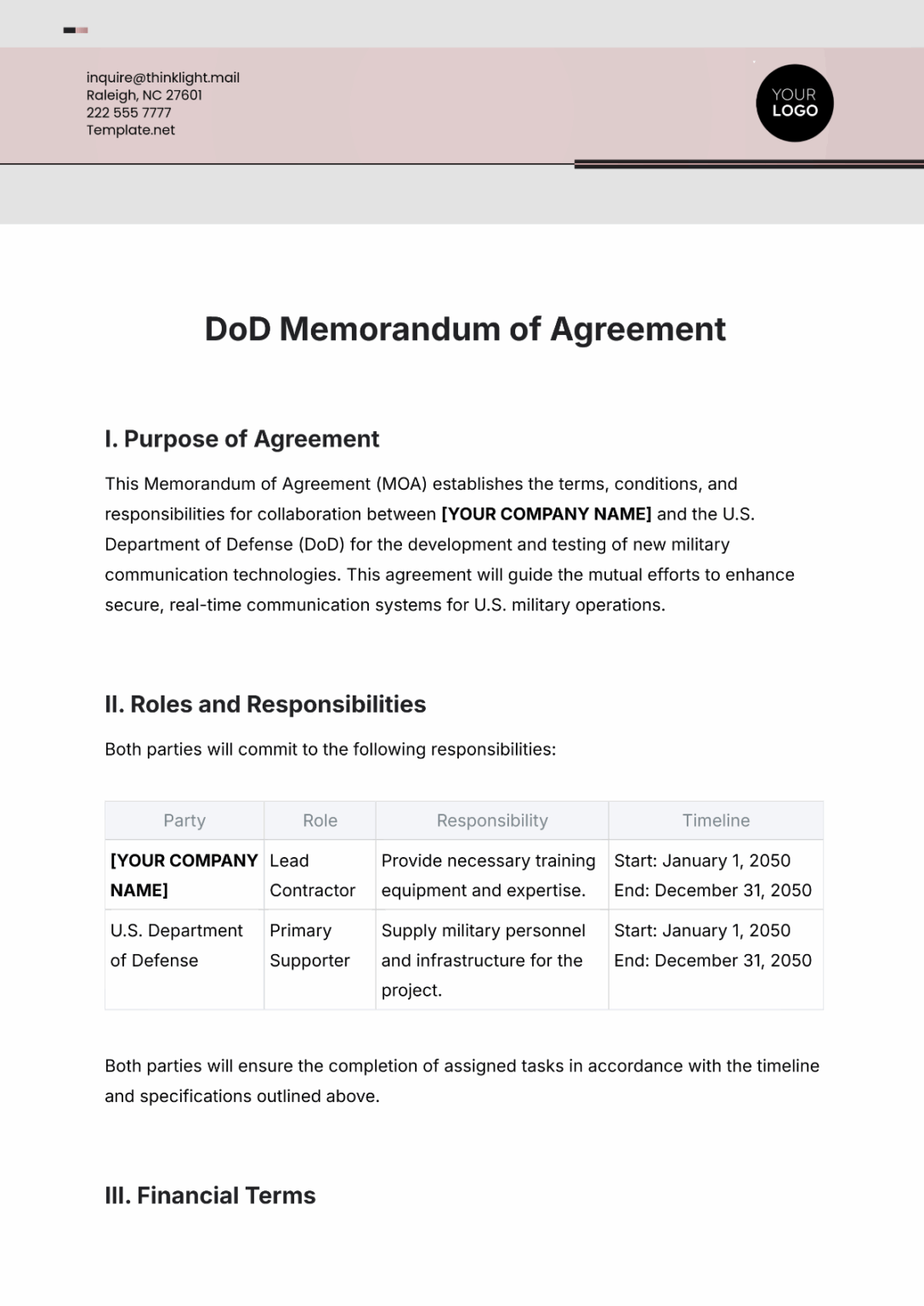Dod Memorandum Of Agreement Template