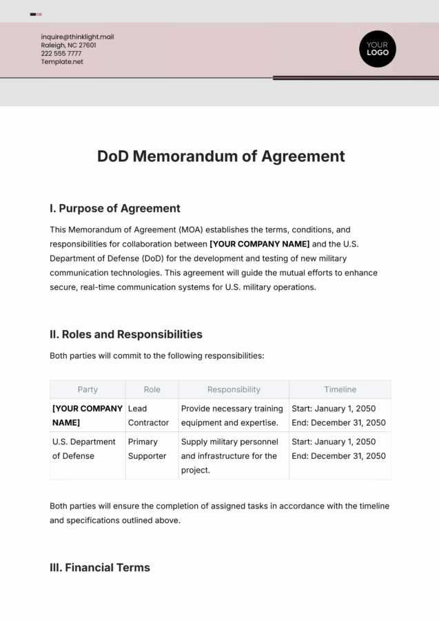 Dod Memorandum Of Agreement Template