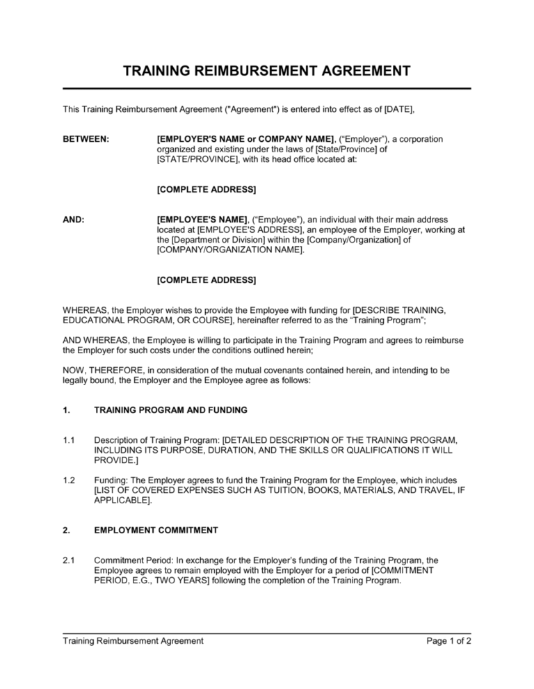 Employee Training Reimbursement Agreement Template