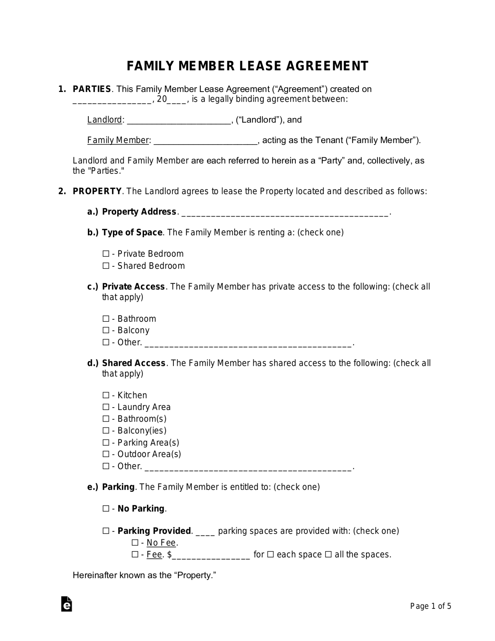 Family Member Lease Agreement Template