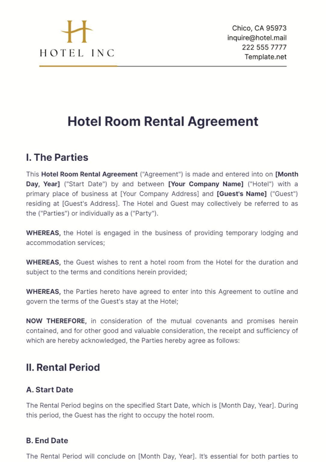Hotel Room Rental Agreement Template