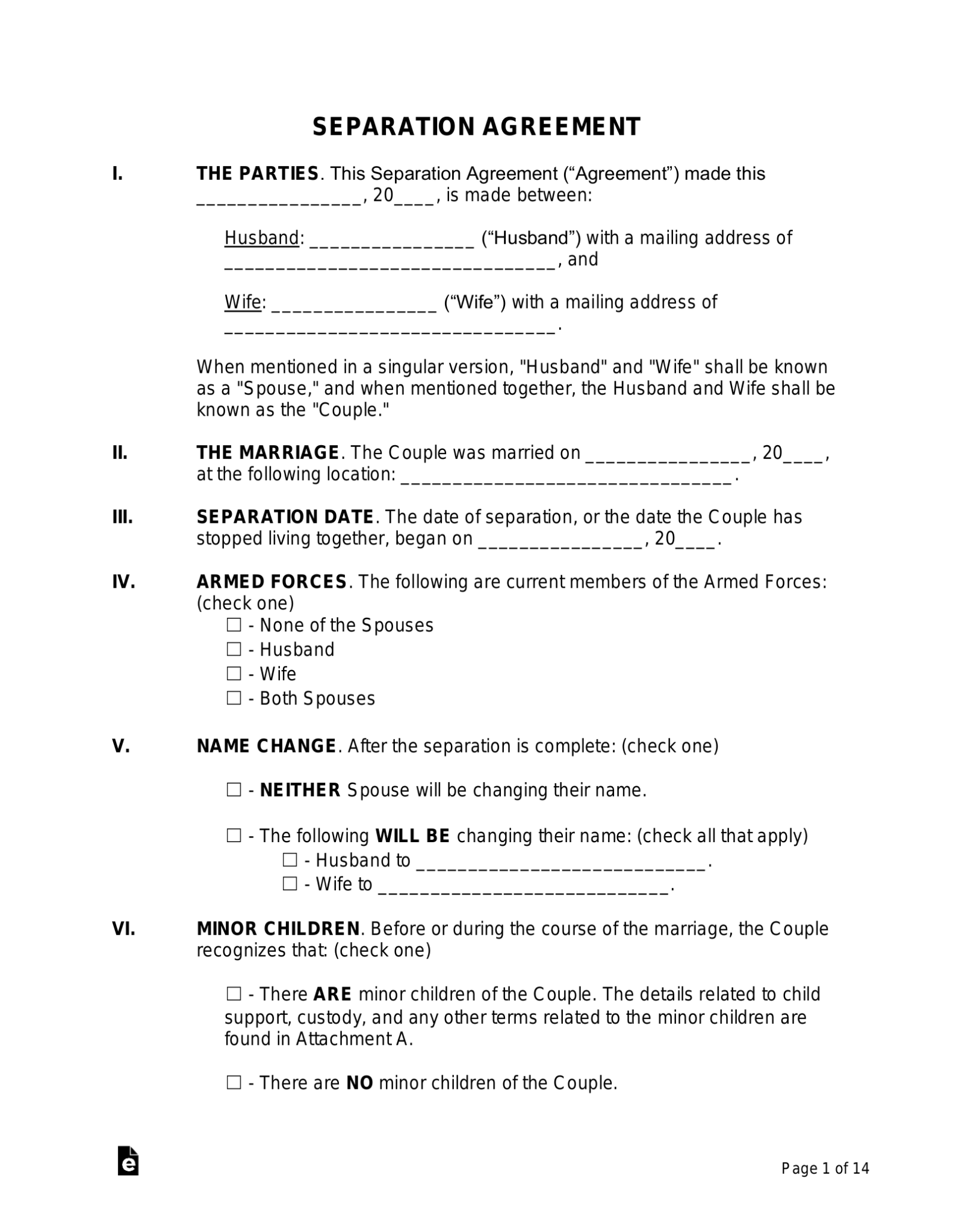 In House Separation Agreement Template