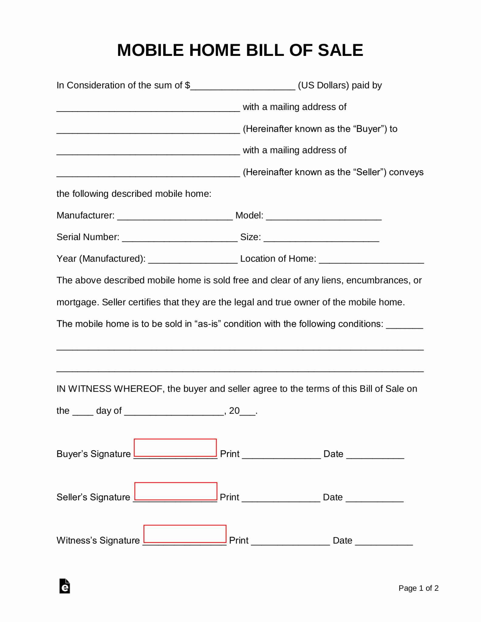 Mobile Home Sale Agreement Template