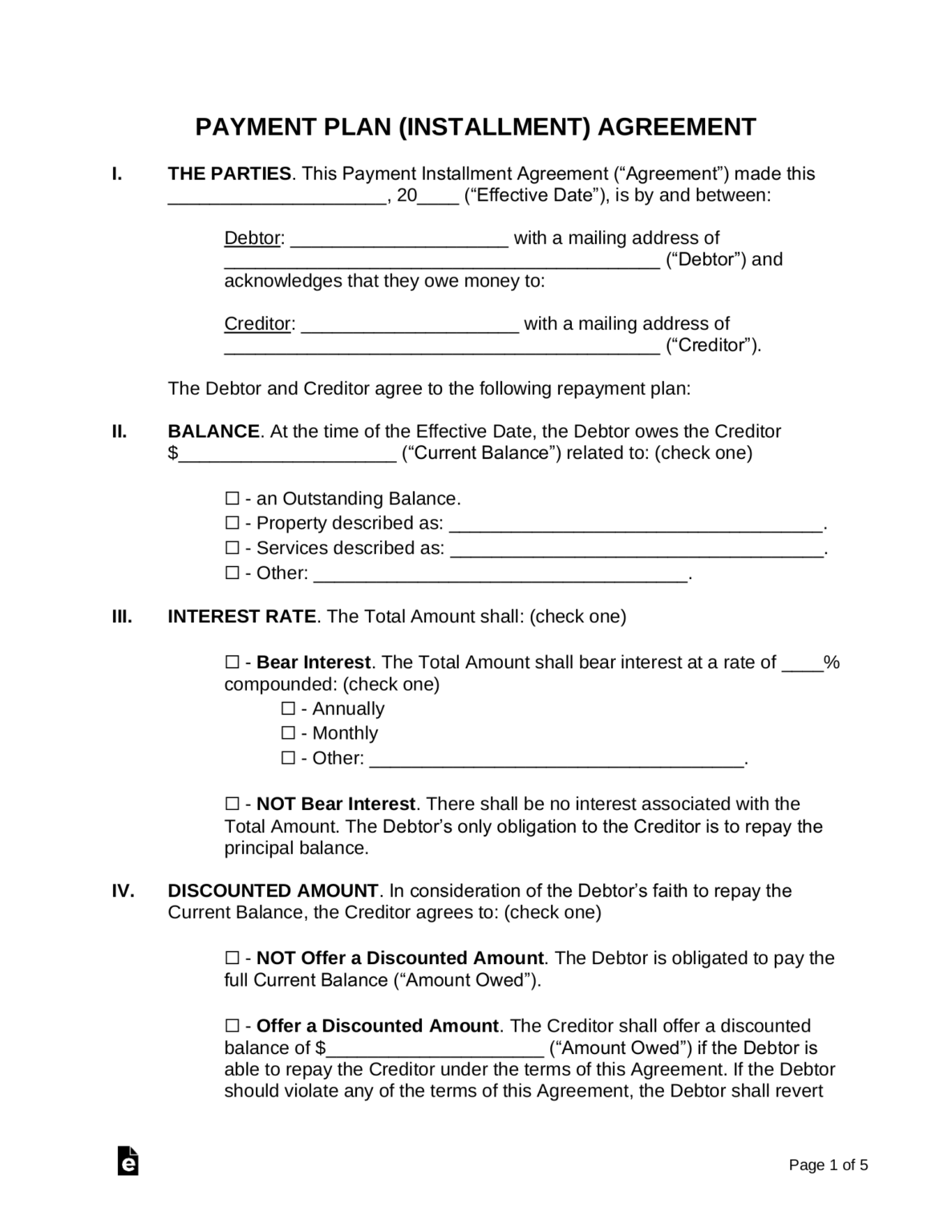 Monthly Payment Installment Payment Agreement Template