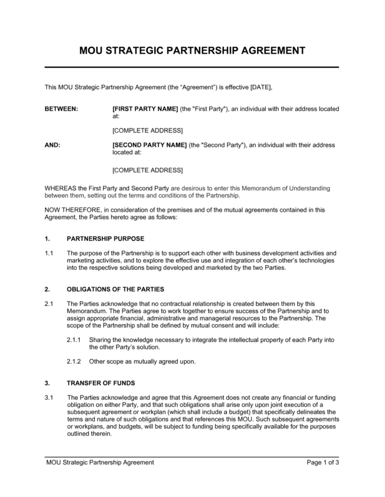 Mou Strategic Partnership Agreement Template