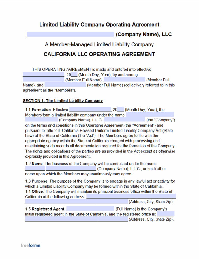 Multi Member LLC Operating Agreement Template California