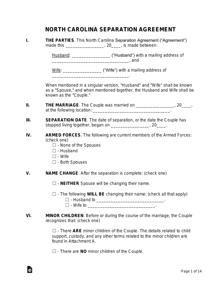 North Carolina Separation Agreement Template