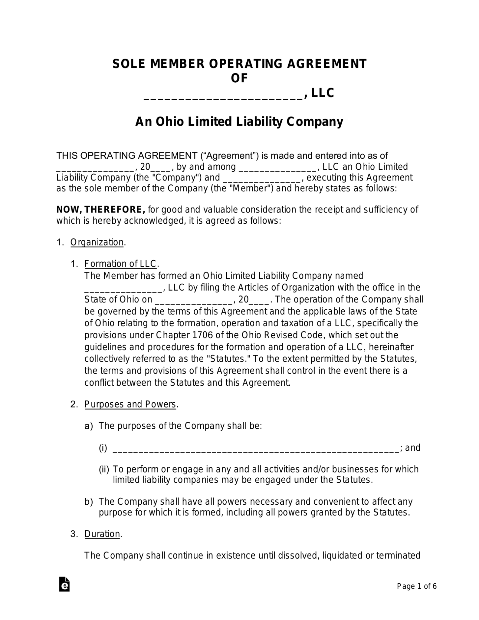 Ohio Single Member LLC Operating Agreement Template