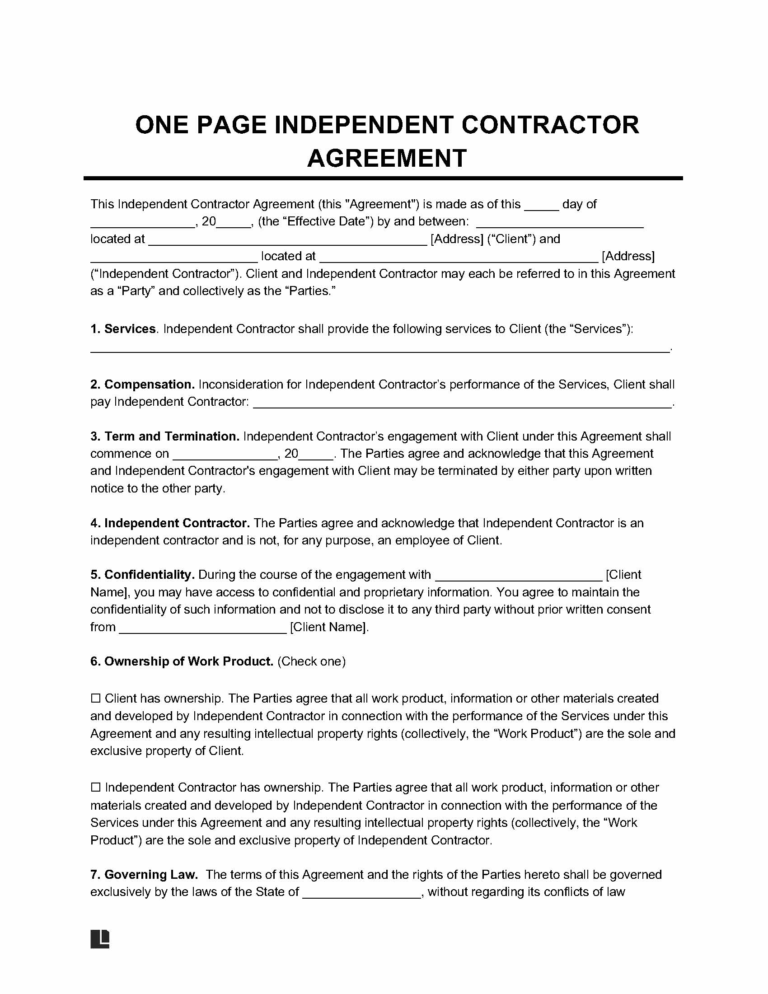 One Page Service Agreement Template