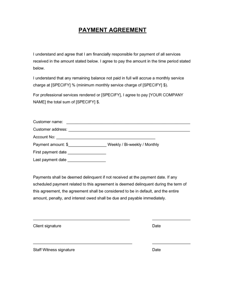 One Time Payment Agreement Template