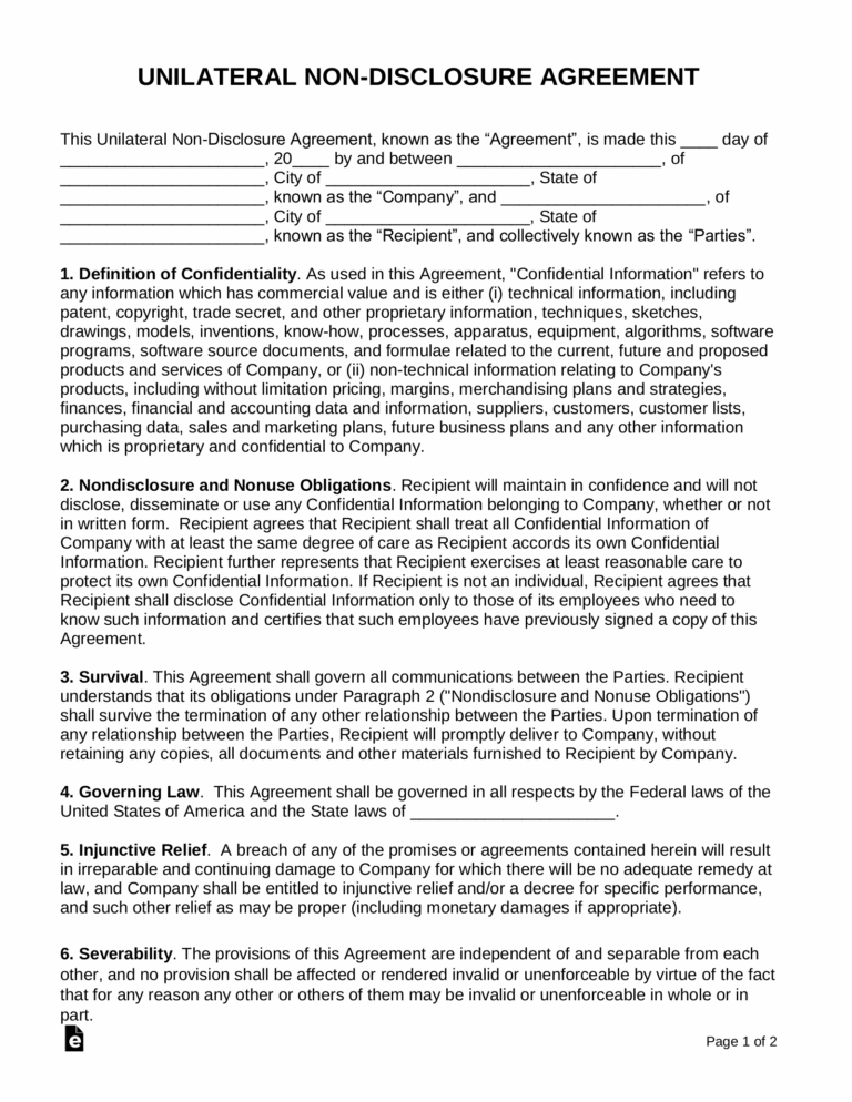 One Way Non Disclosure Agreement Template