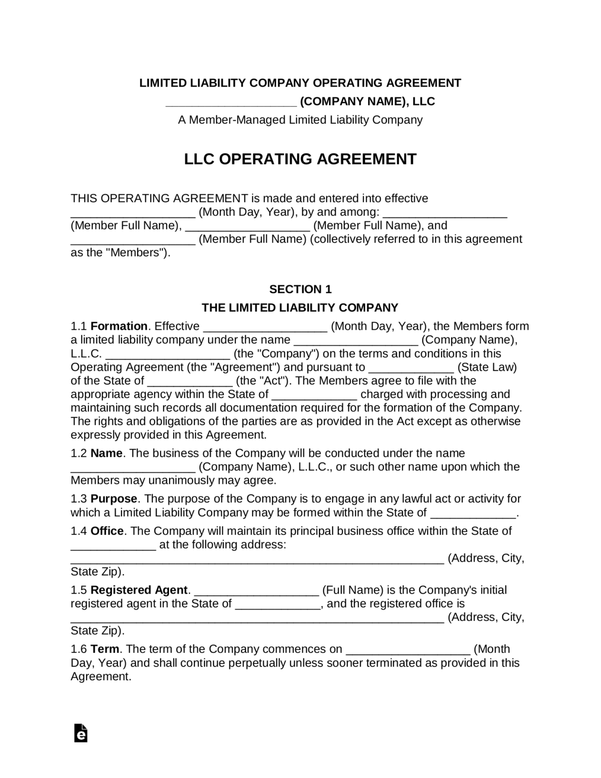Operating Agreement Template for Multi Member LLC