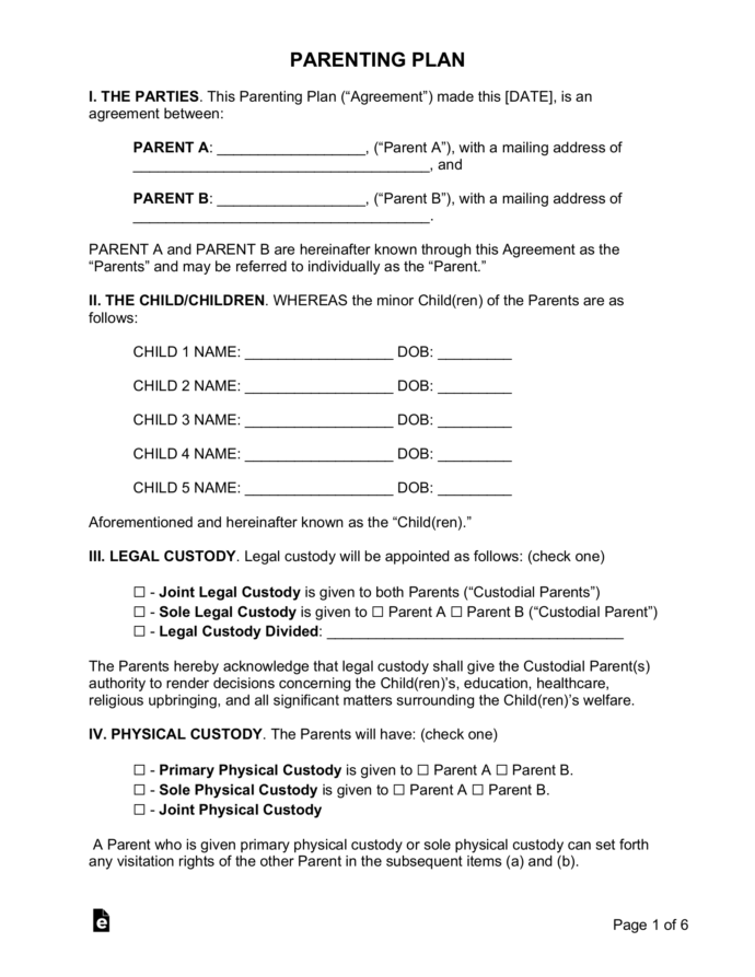 Parenting Plan Custody Agreement Template