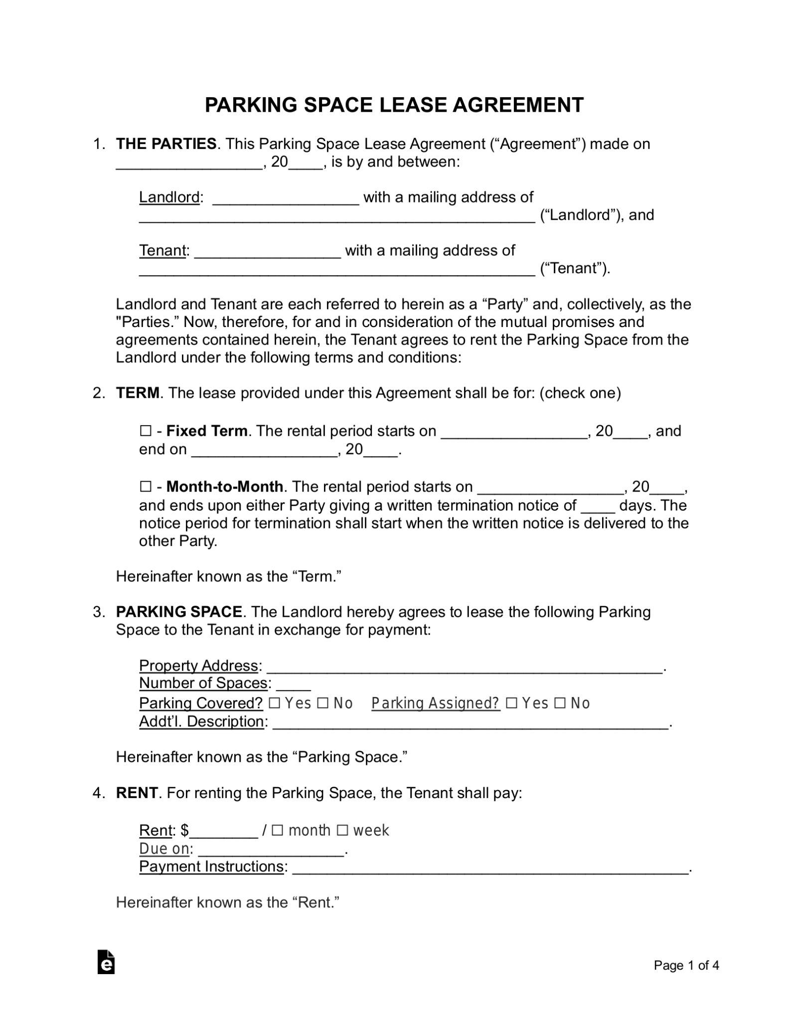 Parking Space Lease Agreement Template