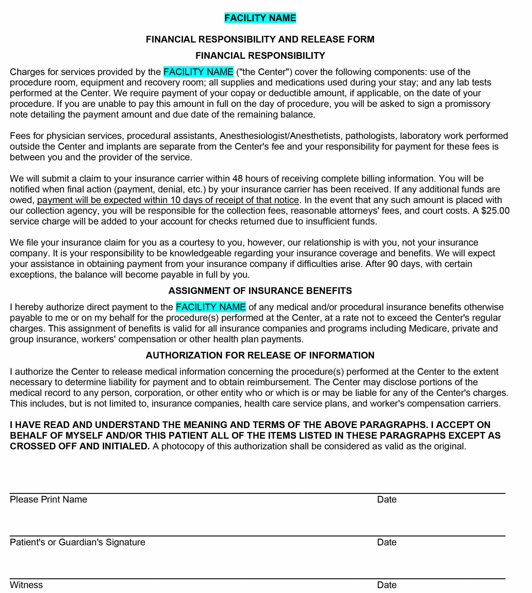 Patient Financial Responsibility Agreement Template