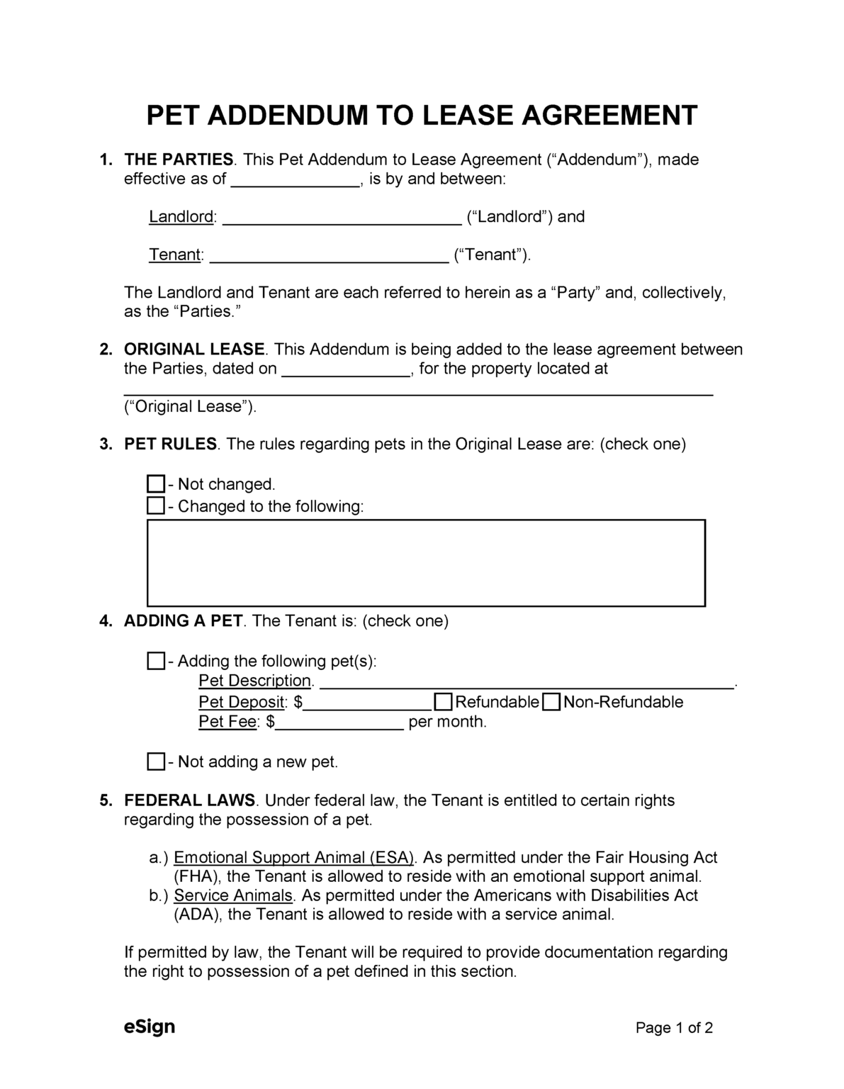 Pet Addendum To Lease Agreement Template