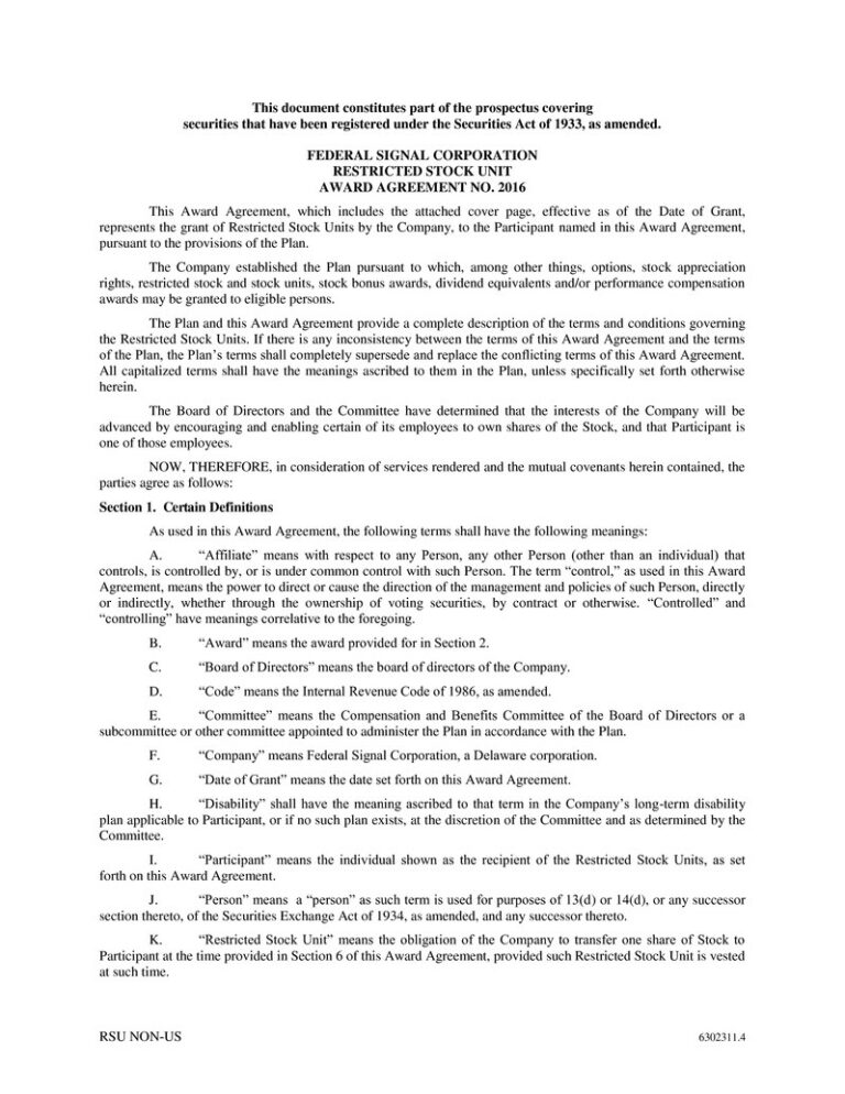 Restricted Stock Award Agreement Template