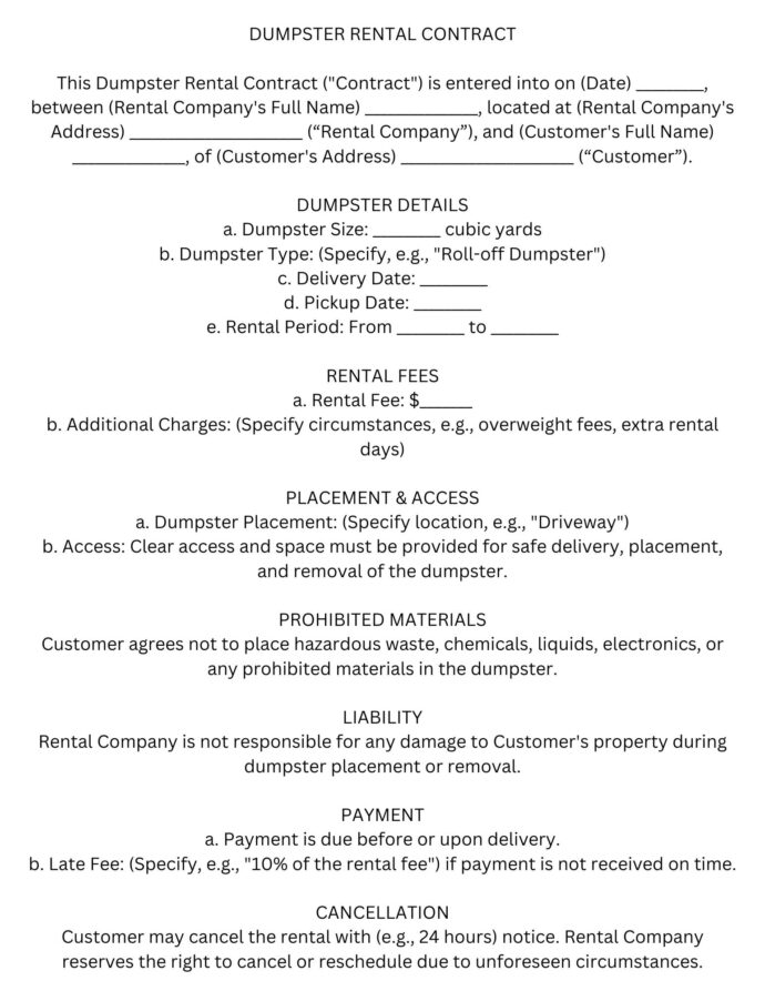 Roll Off Dumpster Rental Agreement Template