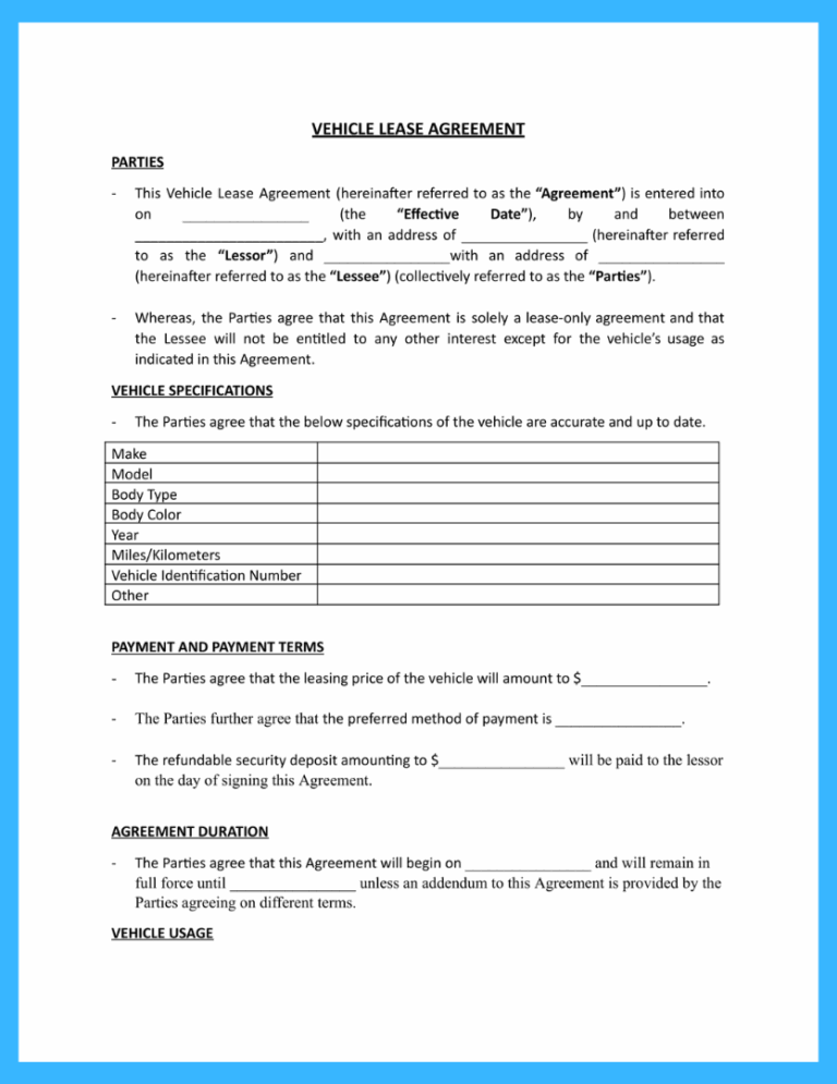 Sample Car Lease Agreement Template