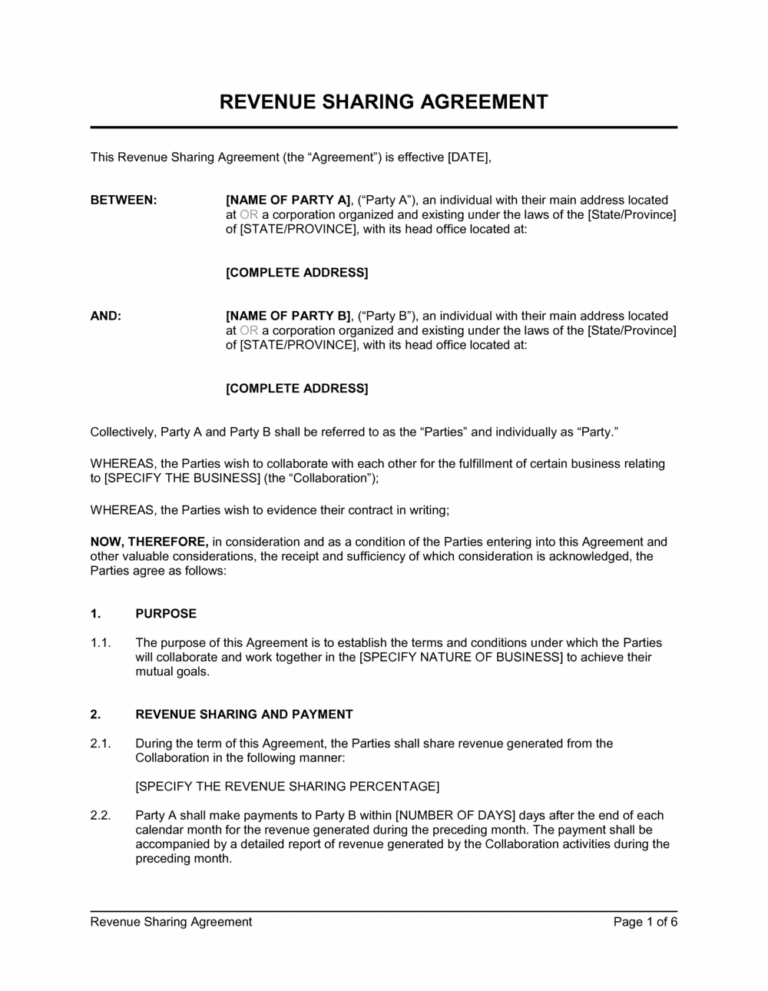 Sample Revenue Sharing Agreement Template