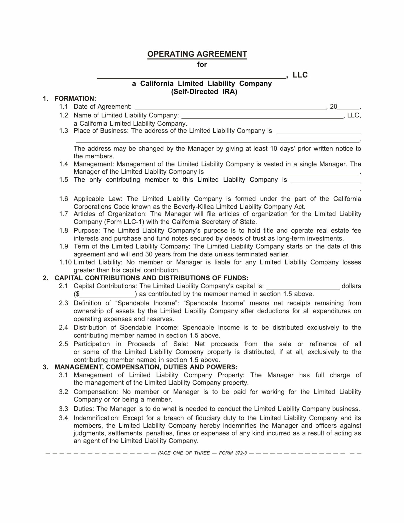 Self Directed IRA LLC Operating Agreement Template