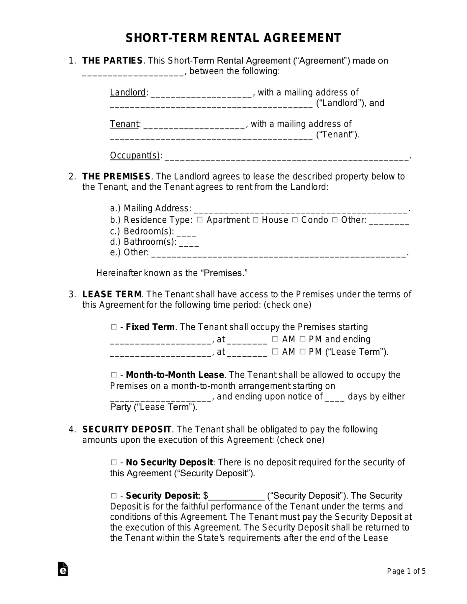 Short Term Rental Agreement Template