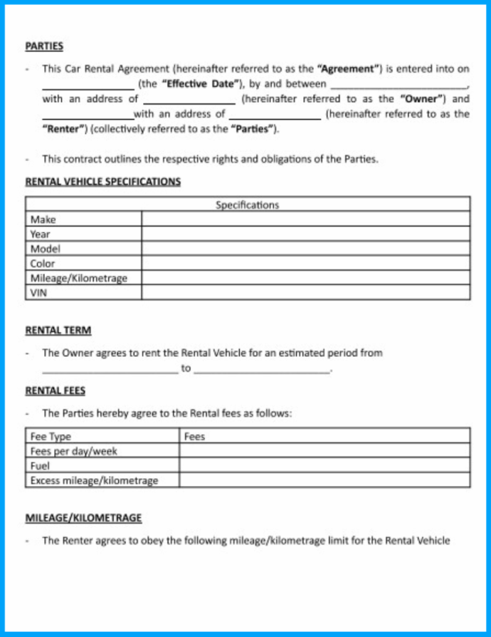 Simple Car Rental Agreement Template
