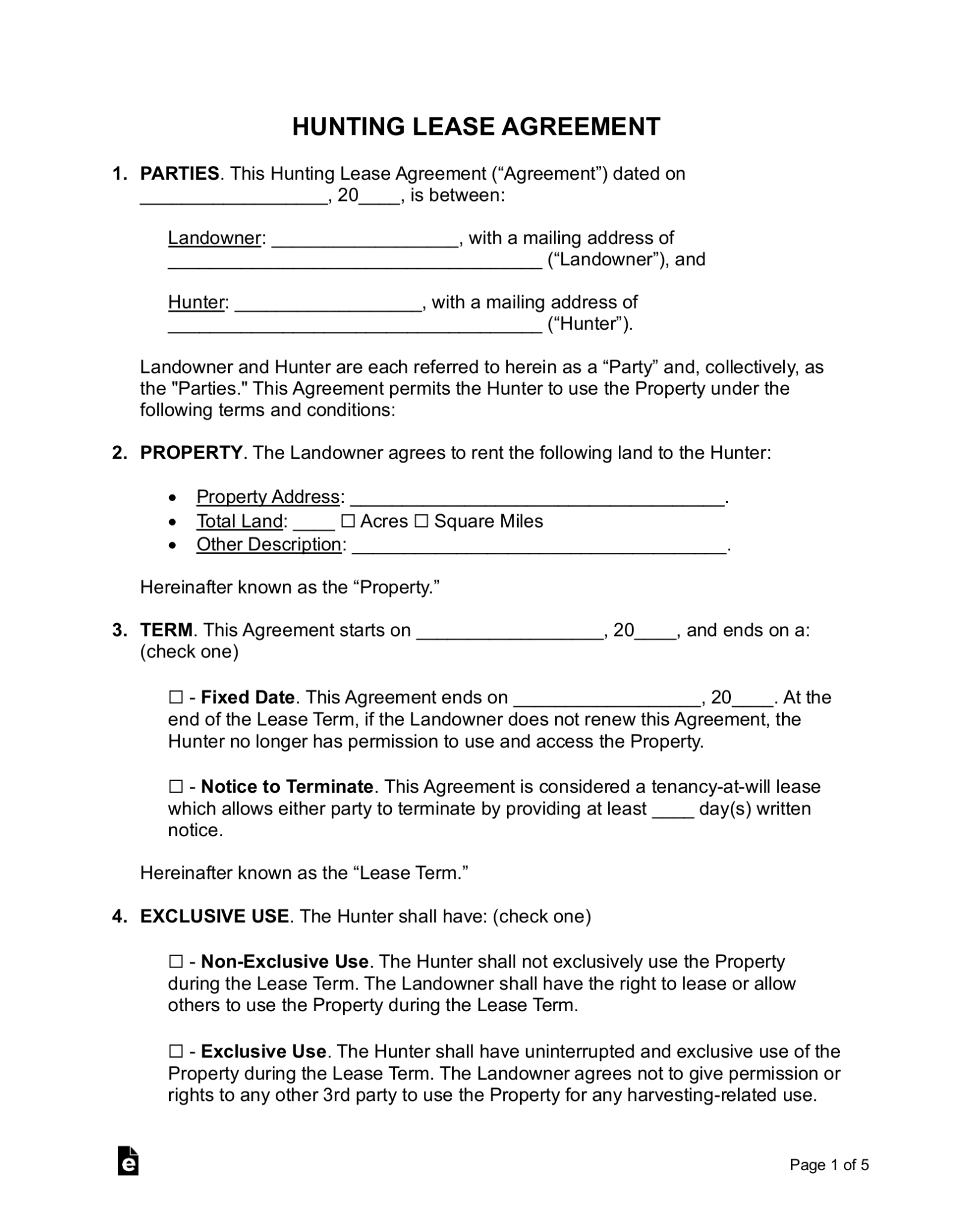 Simple Hunting Lease Agreement Template