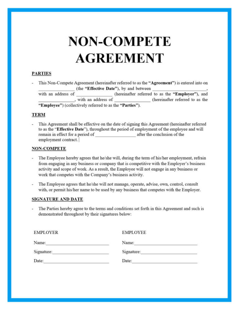Standard Non Compete Agreement Template