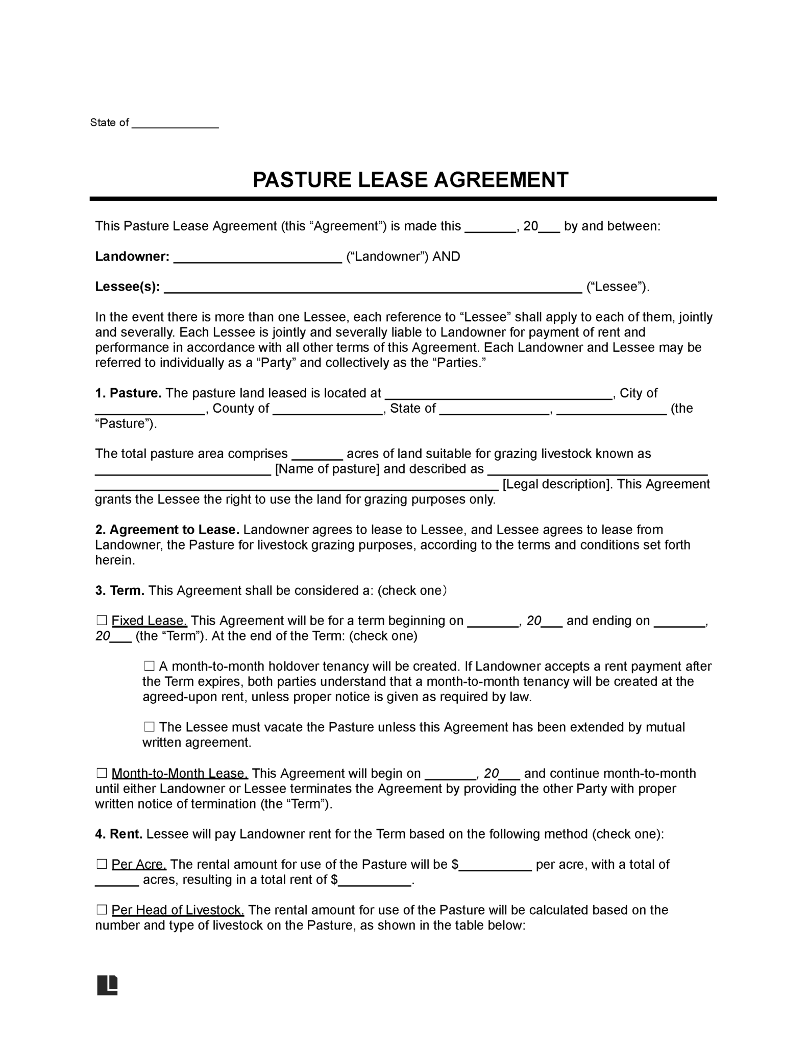 Simple Pasture Lease Agreement Template