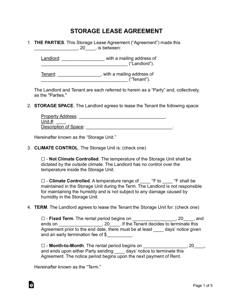 storage unit rental agreement template