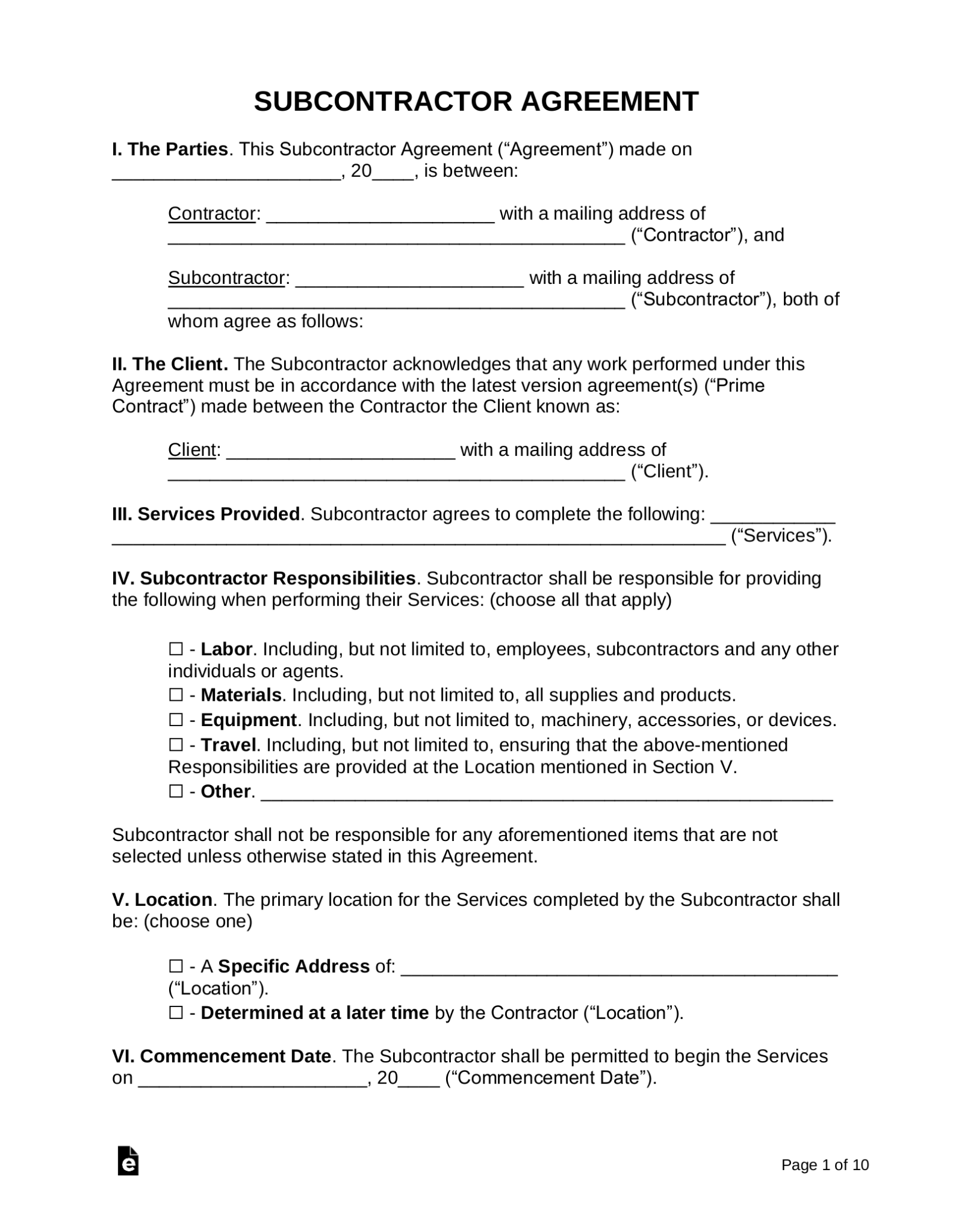 Subcontractor Agreement Template for Construction
