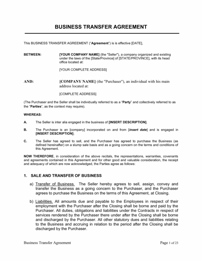 Transfer Of Business Ownership Agreement Template