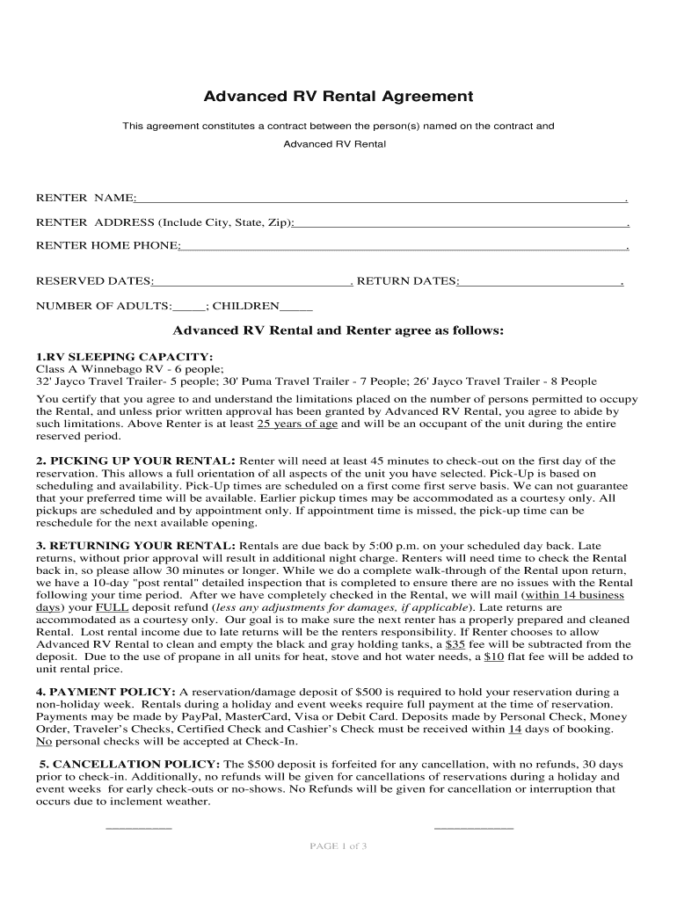 RV Trailer Rental Agreement Template