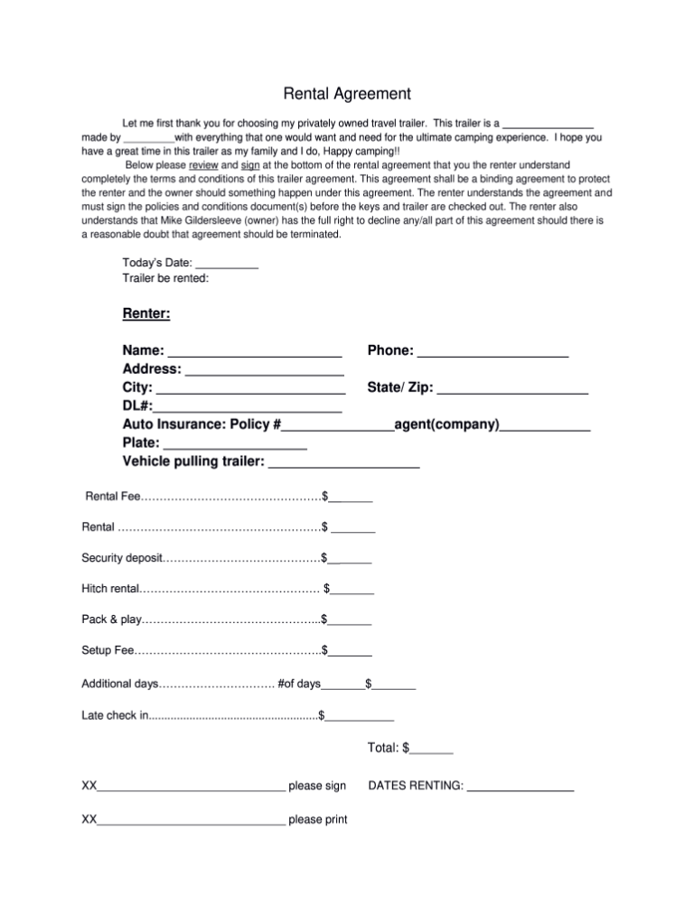 RV Trailer Rental Agreement Template