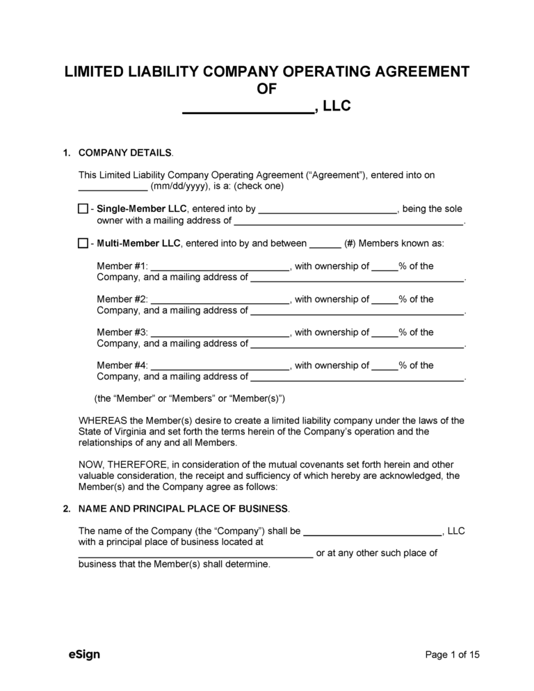Virginia LLC Operating Agreement Template
